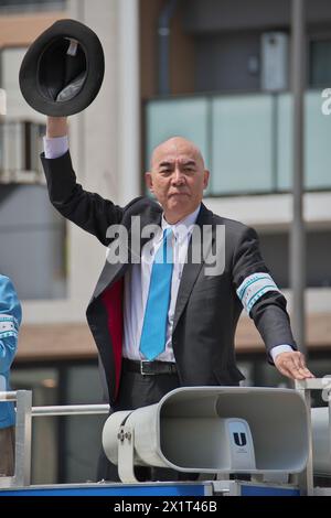 Naoki Hyakuta, leader of the Conservative Party of Japan, delivers a ...