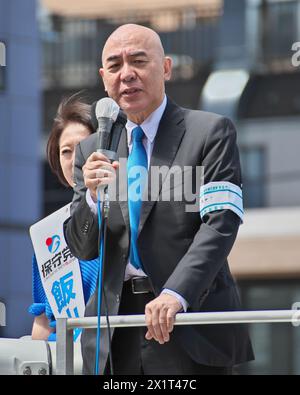 Leader of Conservative Party of Japan, Naoki Hyakuta answers reporter's ...