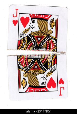A jack of spades playing card torn in half on a white background Stock ...