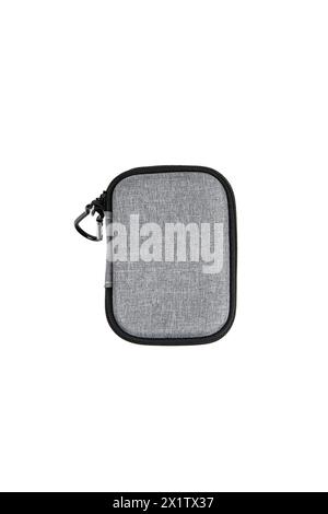 Protective hard case with a zipper and a gray fabric texture. Isolate ...