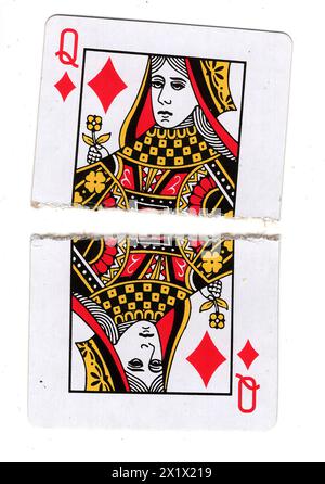 A torn half of a queen of diamonds playing card on a white background ...