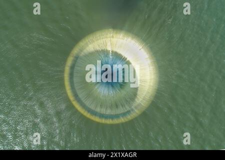Drone aerial of water overflow of the dam after heavy rain. Water ...
