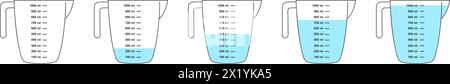 Set of measuring cups with 1 liter, 500, 250, 100 and 50 ml fluid volume scale. Liquid ...