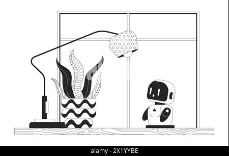 Small companion robot on desk office line cartoon flat illustration ...