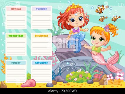 Mermaid stationery weekly planner and daily organizer for kids, Monday ...