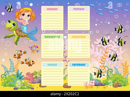 Timetable schedule. Cartoon underwater sea landscape with submarines ...