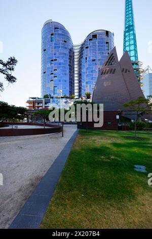 High rise apartments and bell Tower, Elizabeth Quay Towers, Perth ...