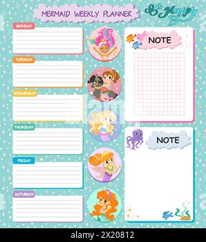 Planner set with mermaids. Kids schedule. Lined, checkered, empty pages ...