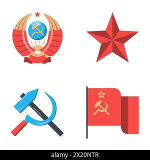 USSR symbols flat icon set. Ushanka hat, Soviet camera, Volga car and ...