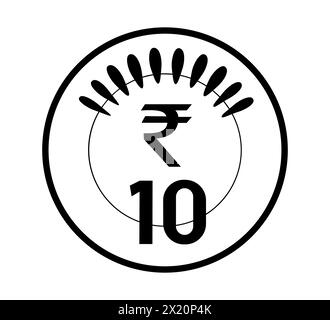 Indian 10 rupees coin. The coin is depicted in black and white. Vector ...
