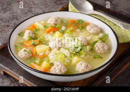 Homemade meatball soup with potatoes, carrots, and green beans in clear ...