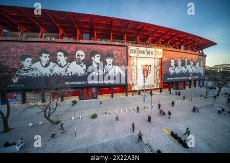 people walk around Sevilla FCs iconic Ramon Sanchez-Pizjuan Stadium in ...