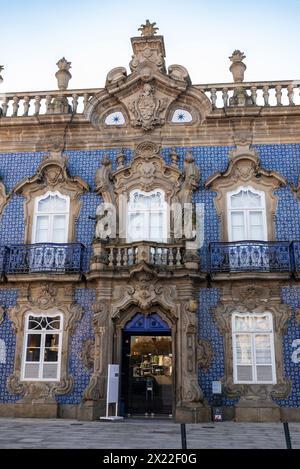 Facade of the Palace of Raio, old classic building decorated with blue ...