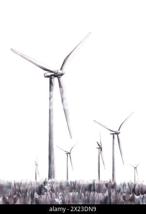 Watercolor monochrome landscape with windmills, wind turbine on ...