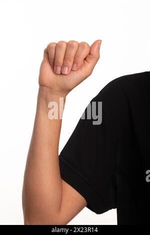 Female interpreter of the Brazilian sign language, Libras, making the ...