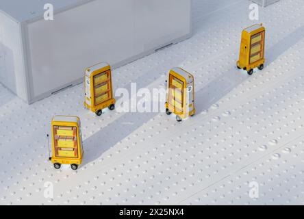 3d rendering group of delivery robot trolleys or robotic assistants ...