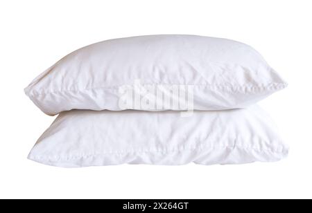 Side view of white pillows with case in stack is isolated on white ...