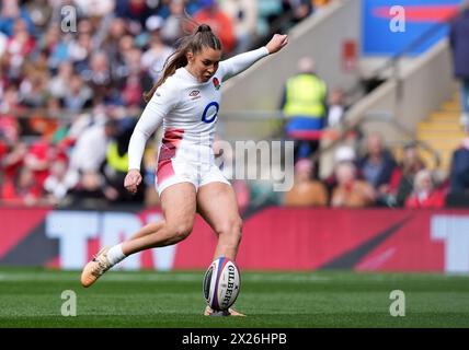 England's Holly Aitchison kicks a conversion during the Women's Rugby ...