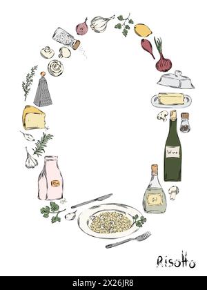 Graphic risotto poster, hand drawn vector illustration. Ingredients for ...