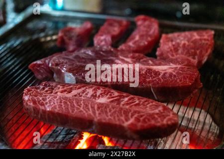 Hanwoo Beef, Korean Style Meat on the Grill. BBQ rare meat with soft ...
