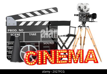 Cinema signboard from golden light bulb letters, retro glowing font. 3D ...
