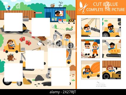 Vector construction site cut and glue activity. Crafting game with cute ...