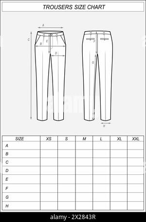 Trousers size chart. Business pants front and back sketch. Clothing ...