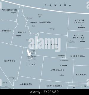 Rocky Mountain region of the United States, political map. The Rocky ...