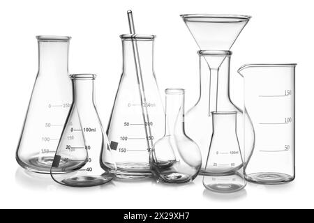Set of different laboratory glassware on white background, banner ...