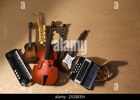 World Music Day. Assortment of Musical Instruments with world map on ...