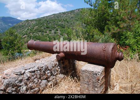 Venetian cannon above Loutsa at Vathy on the Greek island of Ithaca ...