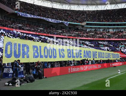 Chelsea fans hold up a banner in the stands during the Premier League ...