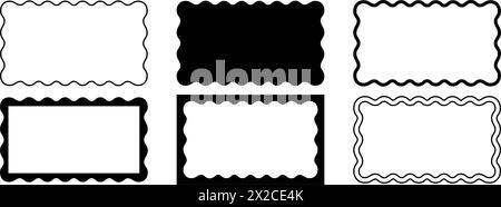 Set of rectangular frames with wavy edges. Rectangle shapes with scalloped borders. Picture or ...
