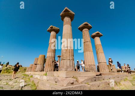 Temple of Athena and tourists in Assos ancient city ruins in Canakkale ...