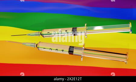 3d rendering of syringe laying on a rainbow flag. The syringes are ...