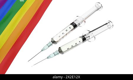 3d rendering of syringe laying on a rainbow flag. The syringes are ...