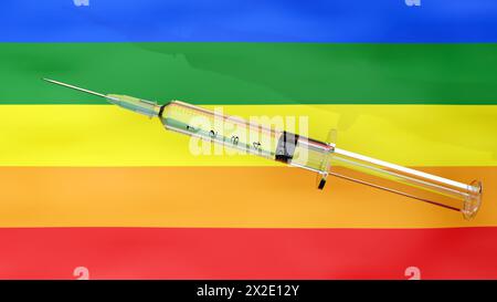 3d rendering of syringe laying on a rainbow flag. The syringes are ...