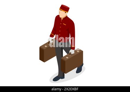 Isometric Porter with Baggage, Bellhop in Uniform and A hotel Luggage ...
