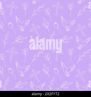 Seamless pattern with Christian symbols. Continuous one line drawing of ...