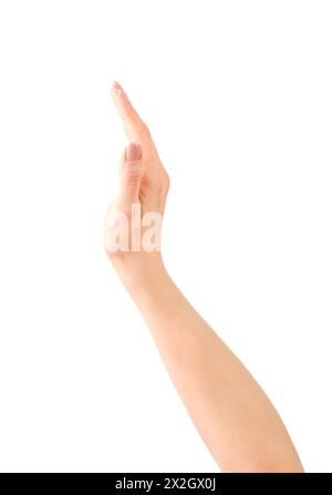 Female finger pointing or touching something. Isolated on white ...