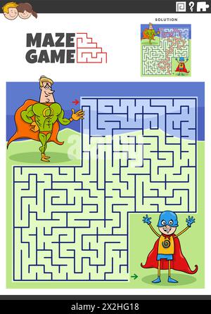Labyrinth maze game. Cartoon superhero animal characters vector ...
