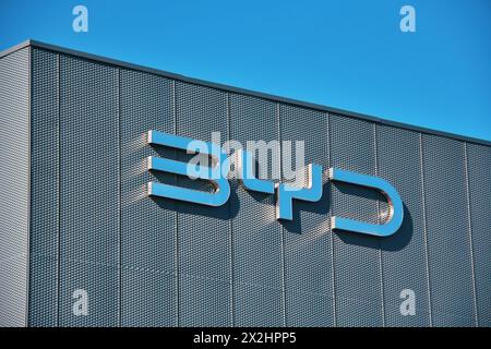 Pole billboard with logo BYD on blue sky backgroundApril 20th 2024 ...