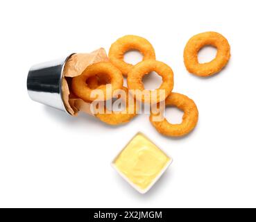Metal bucket with fried breaded onion rings on white background Stock ...