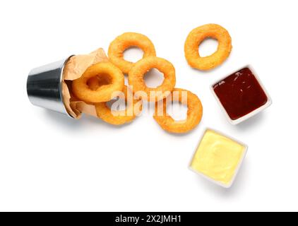 Metal bucket with fried breaded onion rings on white background Stock ...