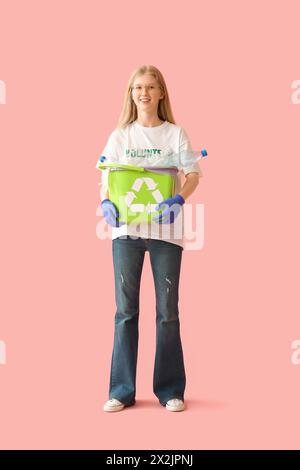 Female volunteer with recycle bin on white background. Waste sorting ...