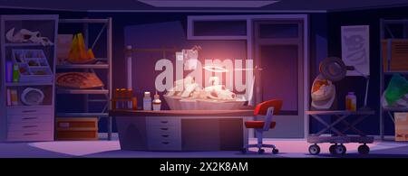 Archaeologist lab room and fossil on desk at night cartoon background ...