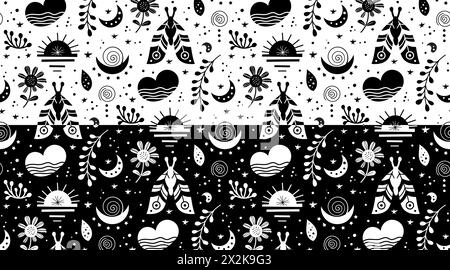 Seamless neo folk patterns set with butterfly, moth and flowers, black ...