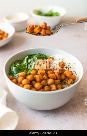 Sweet potato salad bowl with spinach, TVP, corn, black beans, tomato ...