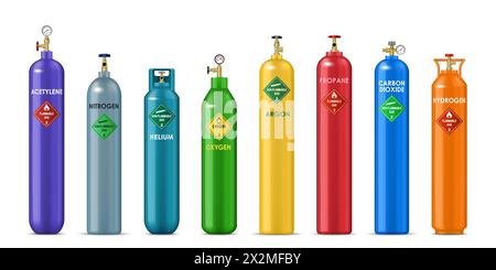 Realistic gas metal cylinders, tank bottles or containers of oxygen ...