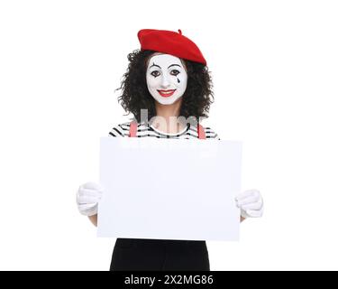 Funny mime with blank sign posing on white background Stock Photo - Alamy